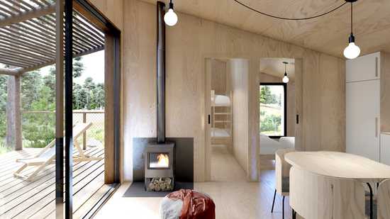 Construction of a yakisugi house with wooden hut inspiration